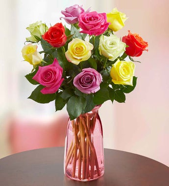One Dozen Assorted Roses – With Pink Vase | Digilinks